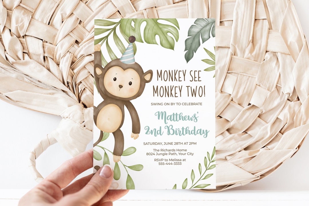 Boy Monkey Birthday Party Invitation, Monkey See Monkey Two Invite, 2nd ...