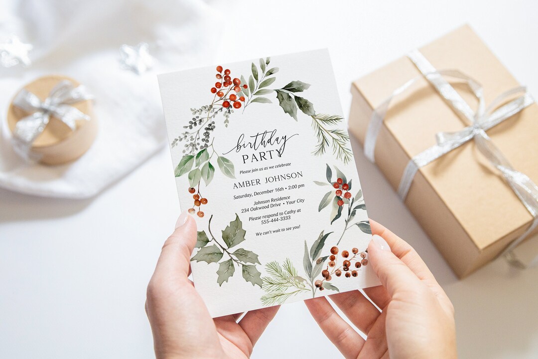 Winter Birthday Party Invitation, Christmas Birthday Invite, Holly ...