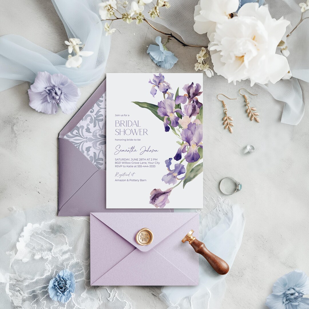 Purple Floral Bridal Shower Invitation Template, Iris Wedding Shower ...