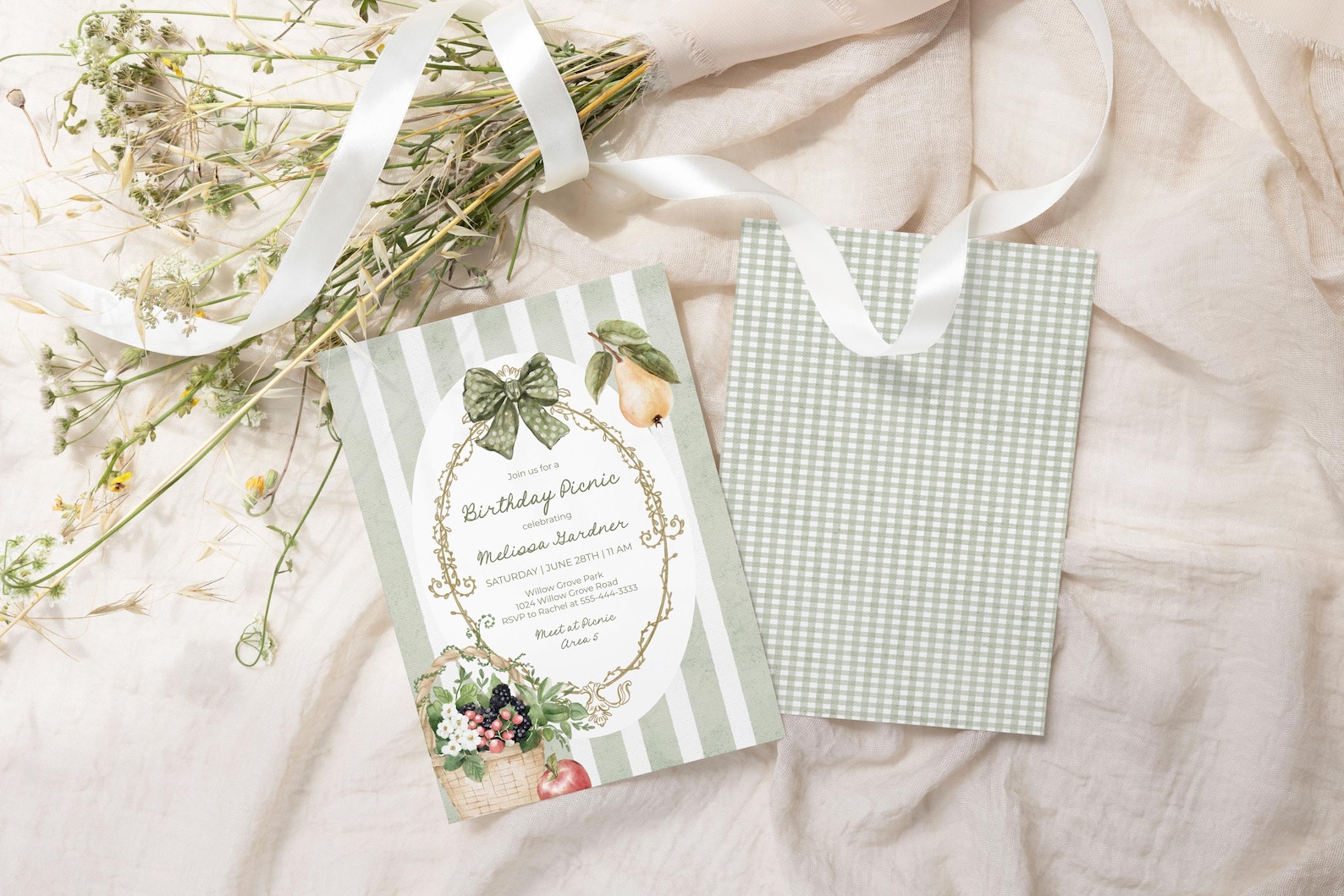 Editable Birthday Picnic Invitation Template, Green Gingham Fruit ...