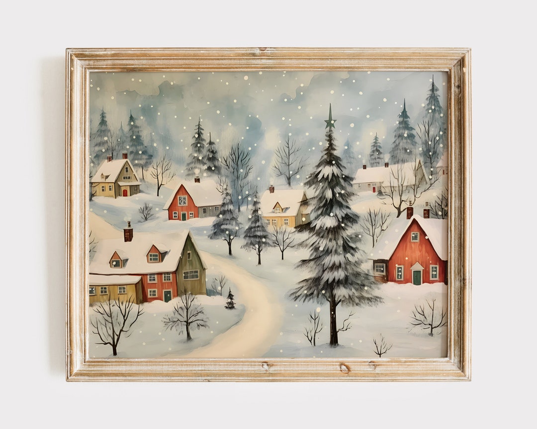 Winter Town Painting, Nostalgic Christmas Art Print, 50's Aesthetic ...