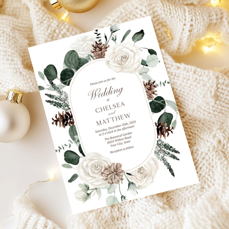 Winter Wedding Invitation Template, Elegant Floral, Pine Cone ...