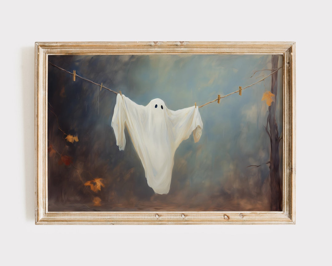 Ghost Hanging on Clothesline Painting, Cute Ghost Printable Art, Eerie ...