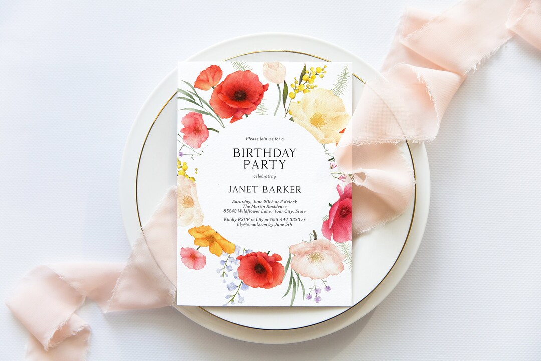 Poppies Birthday Party Invitation, Any Age, Summer Floral Woman's ...