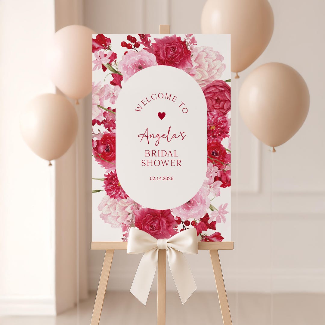 Red Floral Bridal Shower Welcome Sign, Valentine's Day Theme, Corjl ...