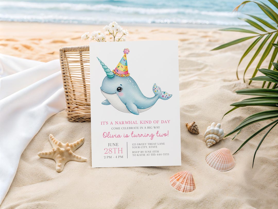 Narwhal Invitation Template, Cute Whale, Party Hat, Printable Invite ...