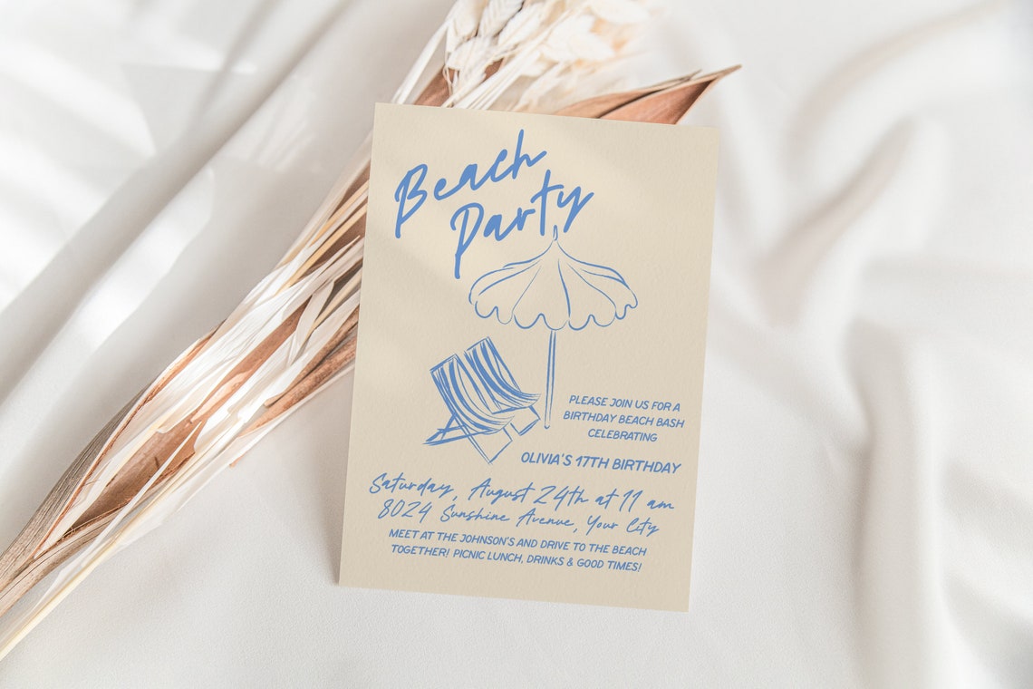 Beach Party Invitation, Hand Drawn Birthday Party Invitation, Whimsical ...