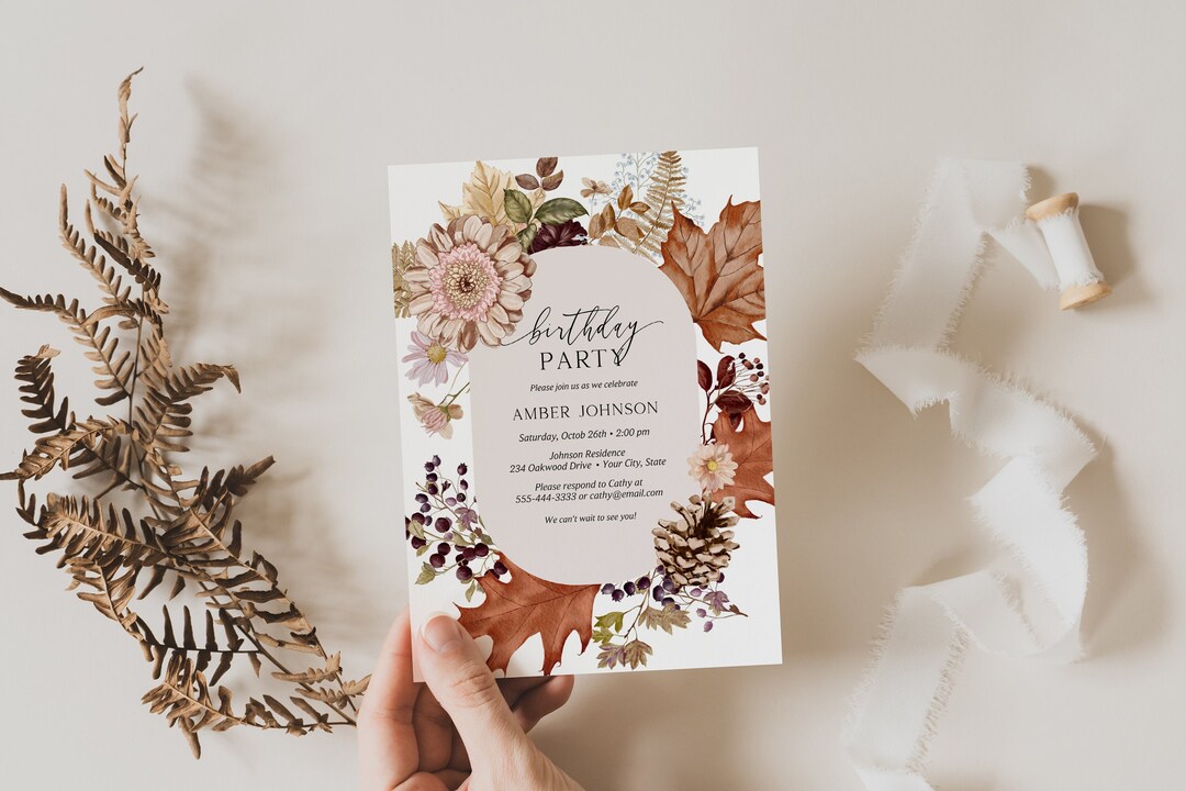 Autumn Floral Birthday Party Invitation, Fall Woman's Birthday Invite ...