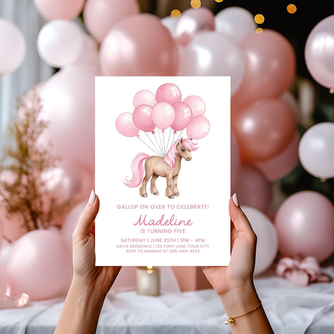 Pink Pony Birthday Party Invitation Template, Editable Horse With ...