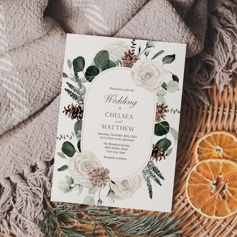 Winter Wedding Invitation Template, Elegant Floral, Pine Cone ...