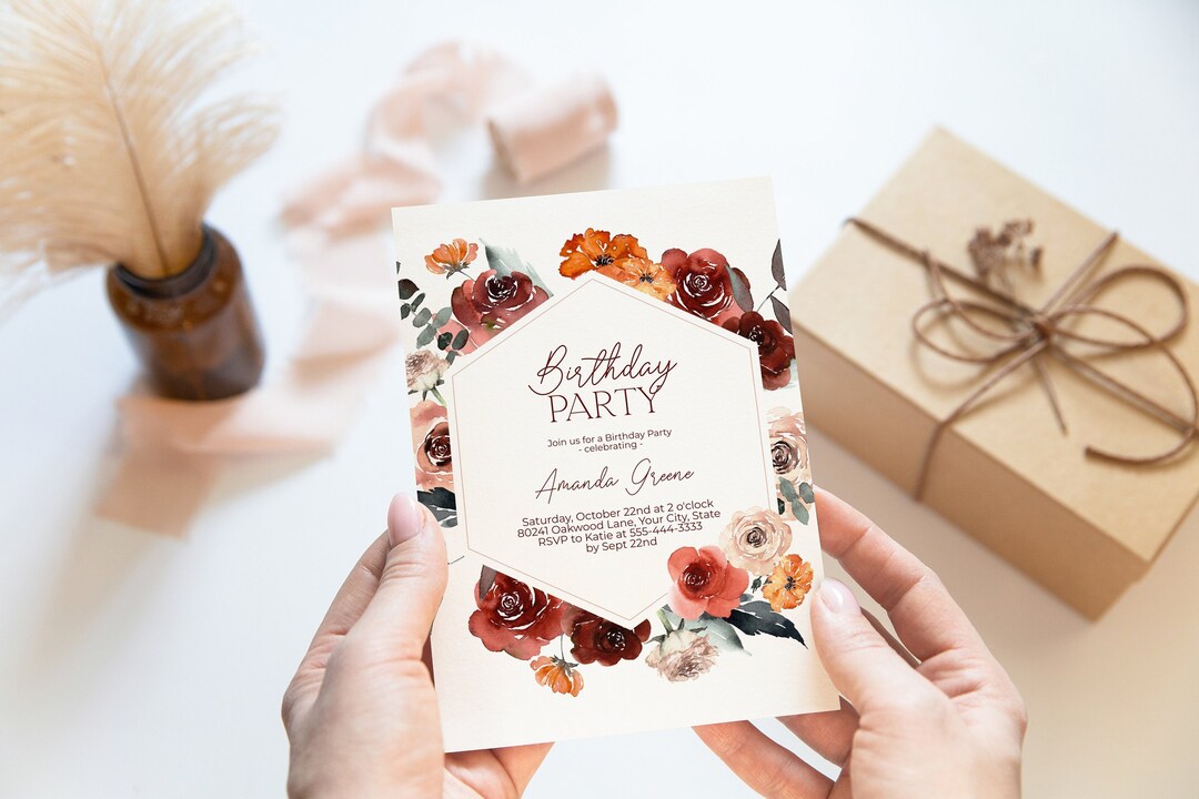 Fall Floral Birthday Party Invitation, Boho Autumn Birthday Invite, Any ...