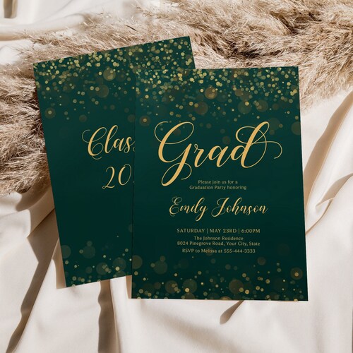 Graduation Party Invitation Template Editable Green and Gold - Etsy