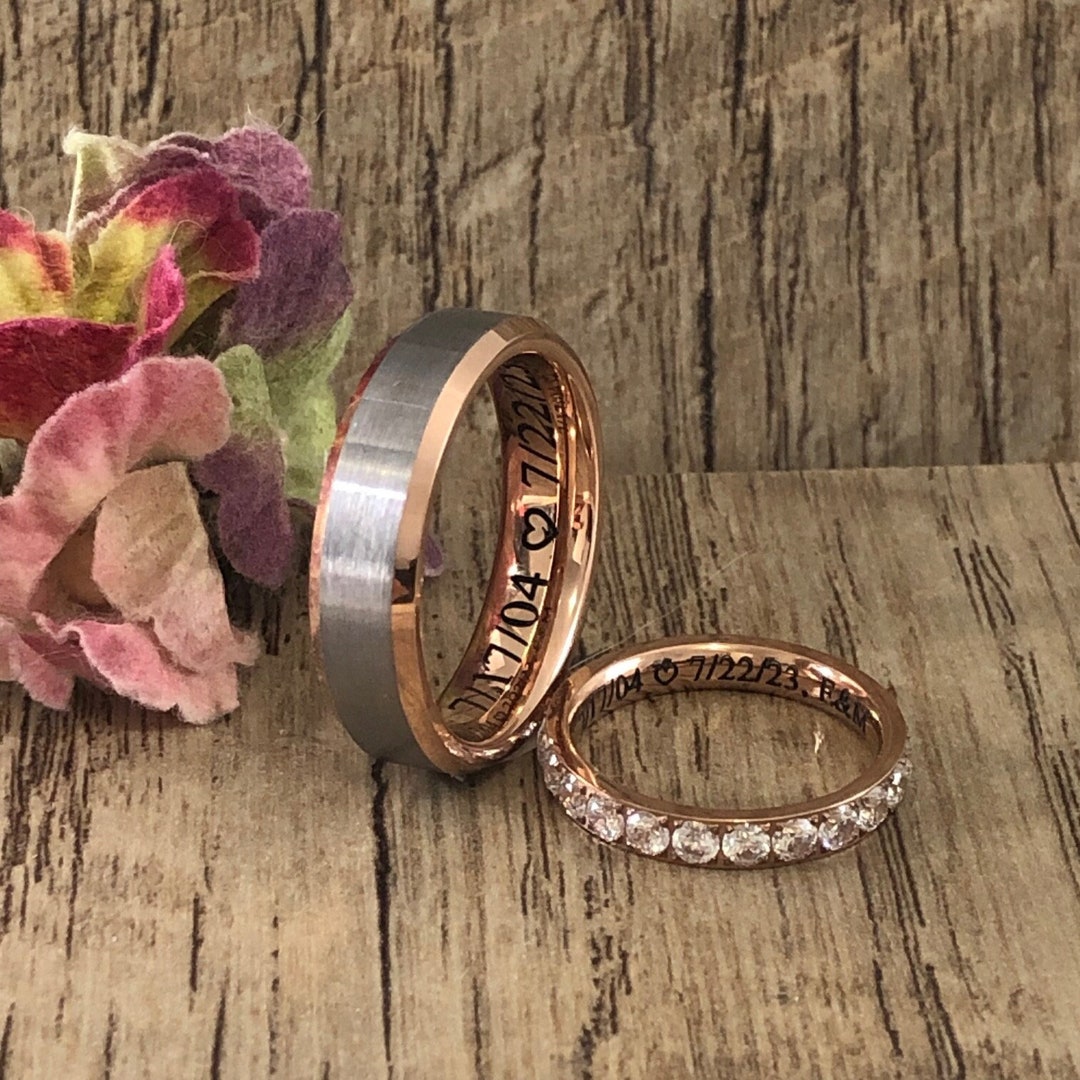 His & Hers Tungsten Titanium Wedding Ring Set, Personalized Rose Gold ...