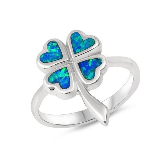 Clover Ring Sterling Silver 4 Leafs Clover Blue Lab Opal Gift - Etsy