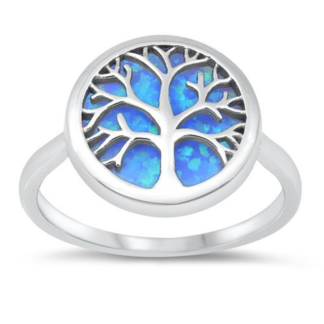 Tree of Life Ring Lab Created Blue Opal Solid 925 Sterling - Etsy