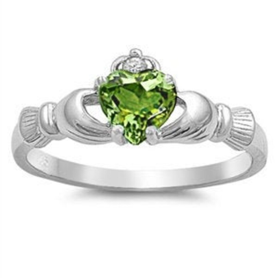 Irish Claddagh Promise Ring Sterling Silver Simulated Peridot Heart AND ...