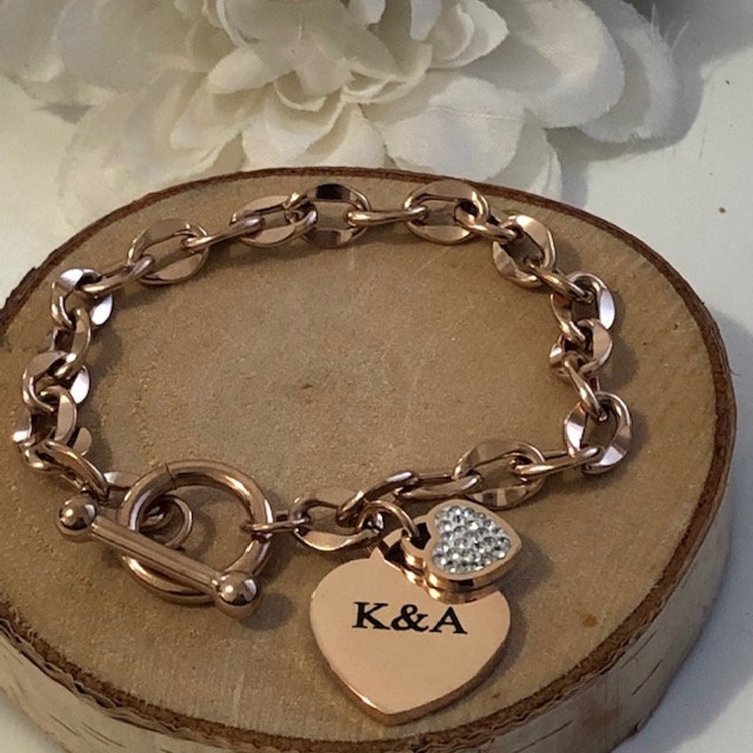 Rose Gold Heart Bracelet, Stainless Steel Rose Gold Plated Heart Toggle ...