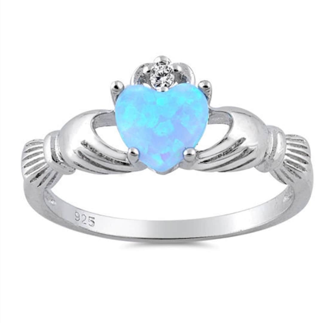 Irish Claddagh Promise Ring Sterling Silver Light Blue Lab Blue Opal ...