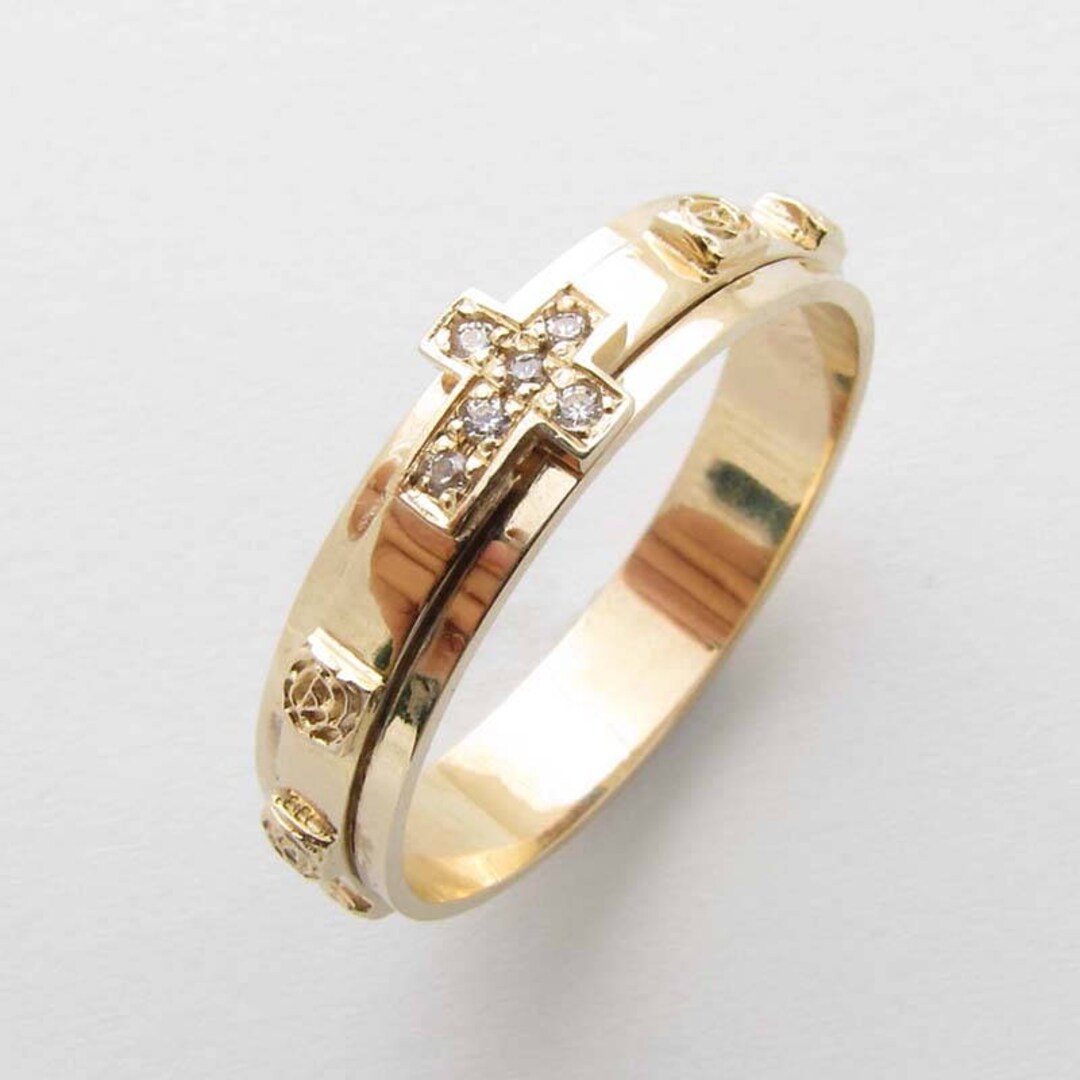 R52978 14K 18K Solid Gold Diamond Rosary Ring Rolling Cross - Etsy