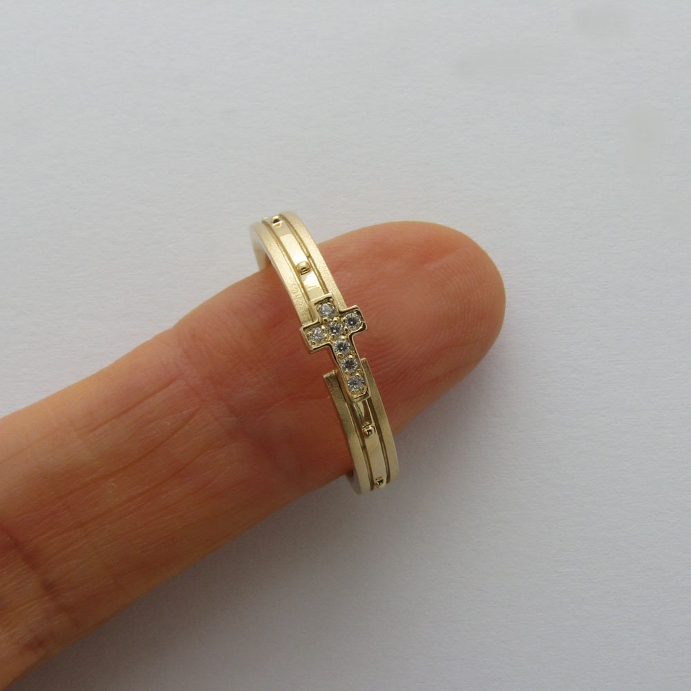 RR2018 Rosary Ring 14K 18K Solid Gold Diamond Cross - Etsy