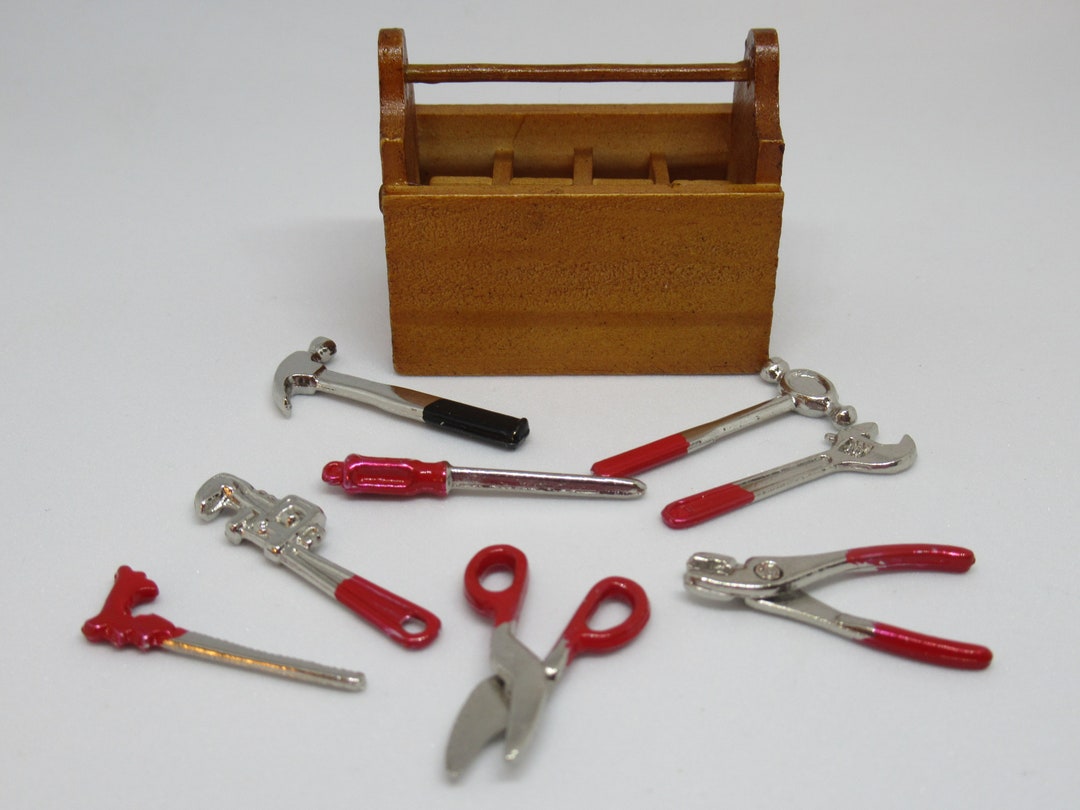 Mini Tool Box & 8 Metal Tools Wood for Workshop Play Scale 1:6 Scale ...