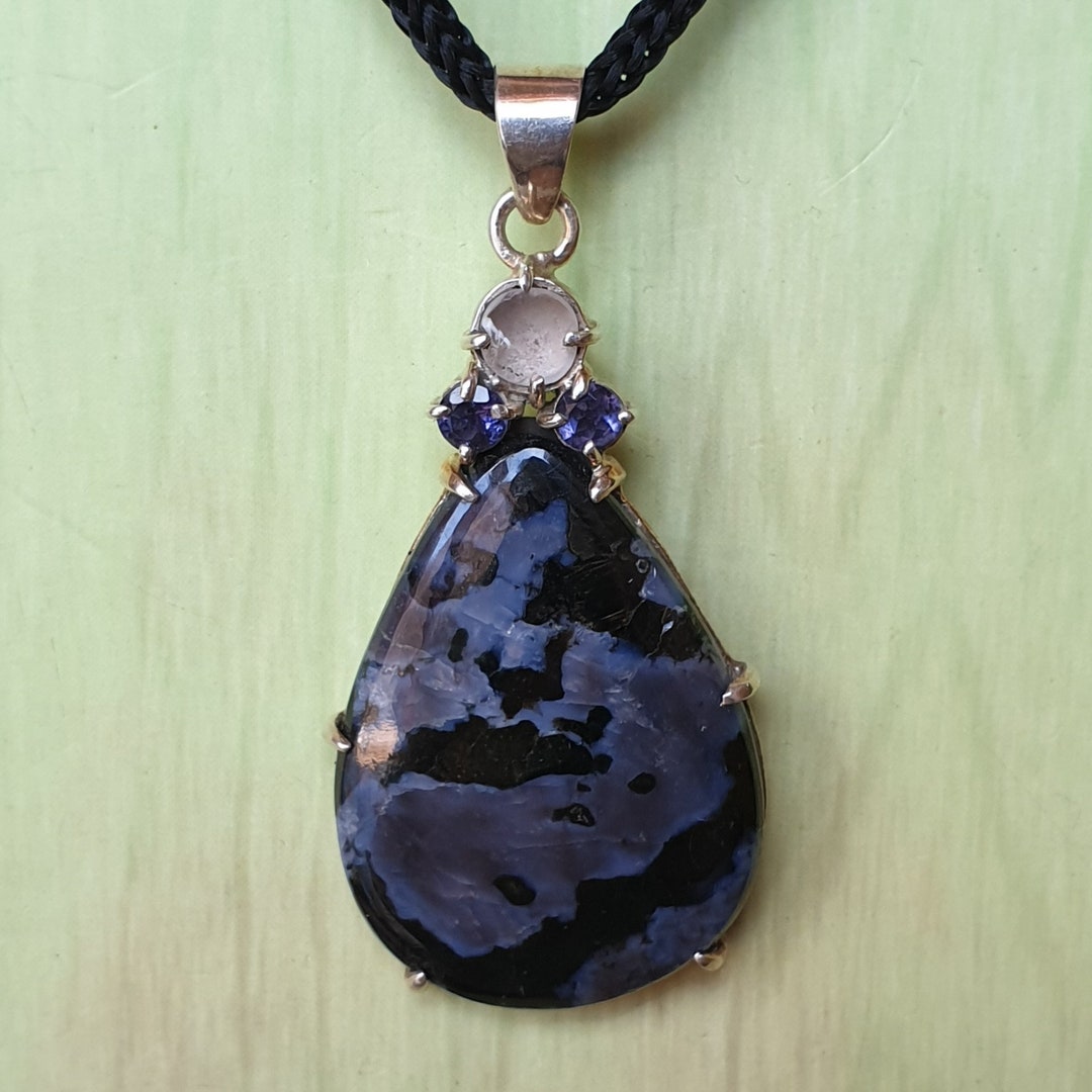Indigo Gabbro With Phenacite and Iolite Sterling Silver Pendant - Etsy