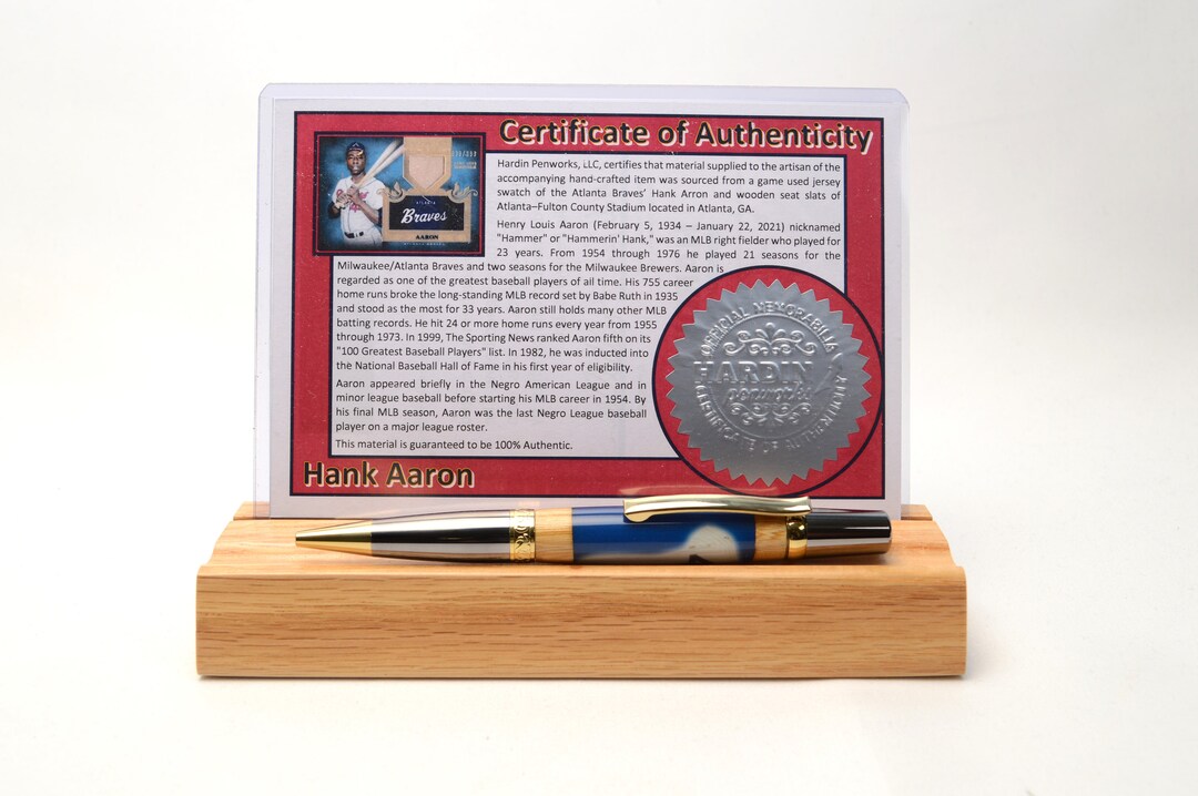 Pen Made With A Hank Aaron Game Used Jersey Swatch & Fulton County ...