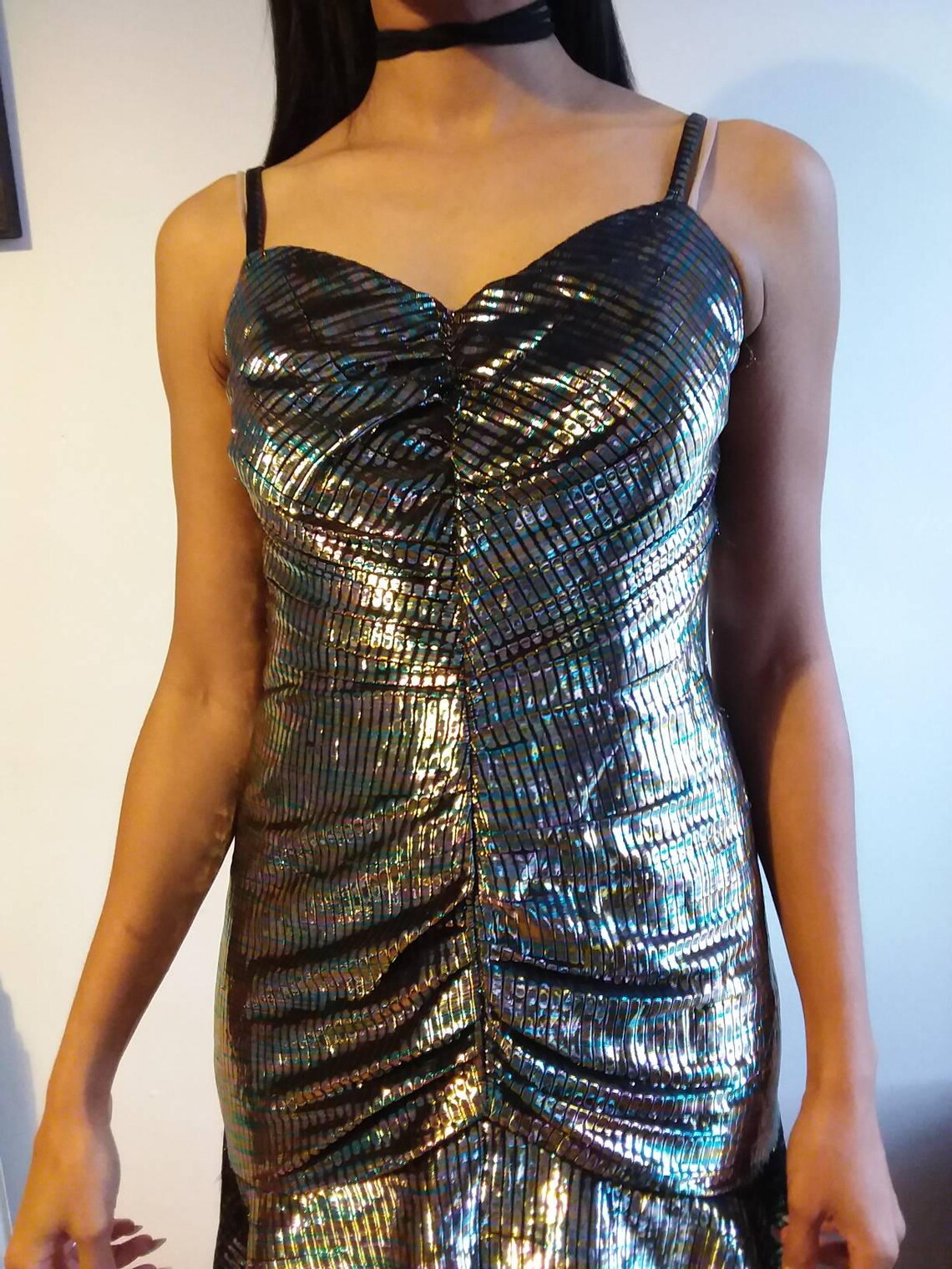 70s 80s Vintage Silver Disco Fit Flare Midi Rouched Dress UK Sz 10 - Etsy