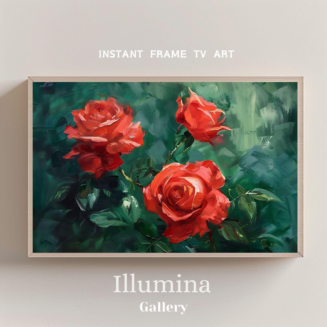 Red Roses Painting Frame TV Art, Antique Green and Red Roses ...