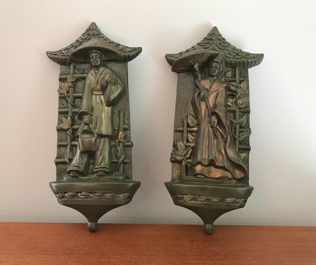 Pair of Chinoiserie Ceramic Wall Plaques, Oriental Asian Man Woman ...