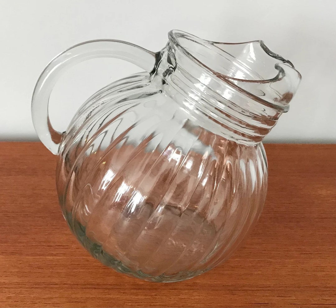 Vintage Ball Shaped Clear Glass Pitcher, Panelled or Ribbed Design With ...