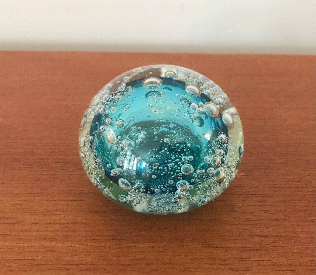 Vintage Edward Roman Art Glass Paperweight: Blue Bubble Design, Signed ...