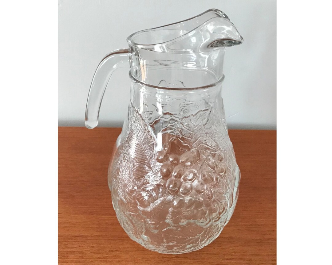 Vintage Italian Clear Glass Pitcher, Embossed Fruit Design, Ice Lip ...