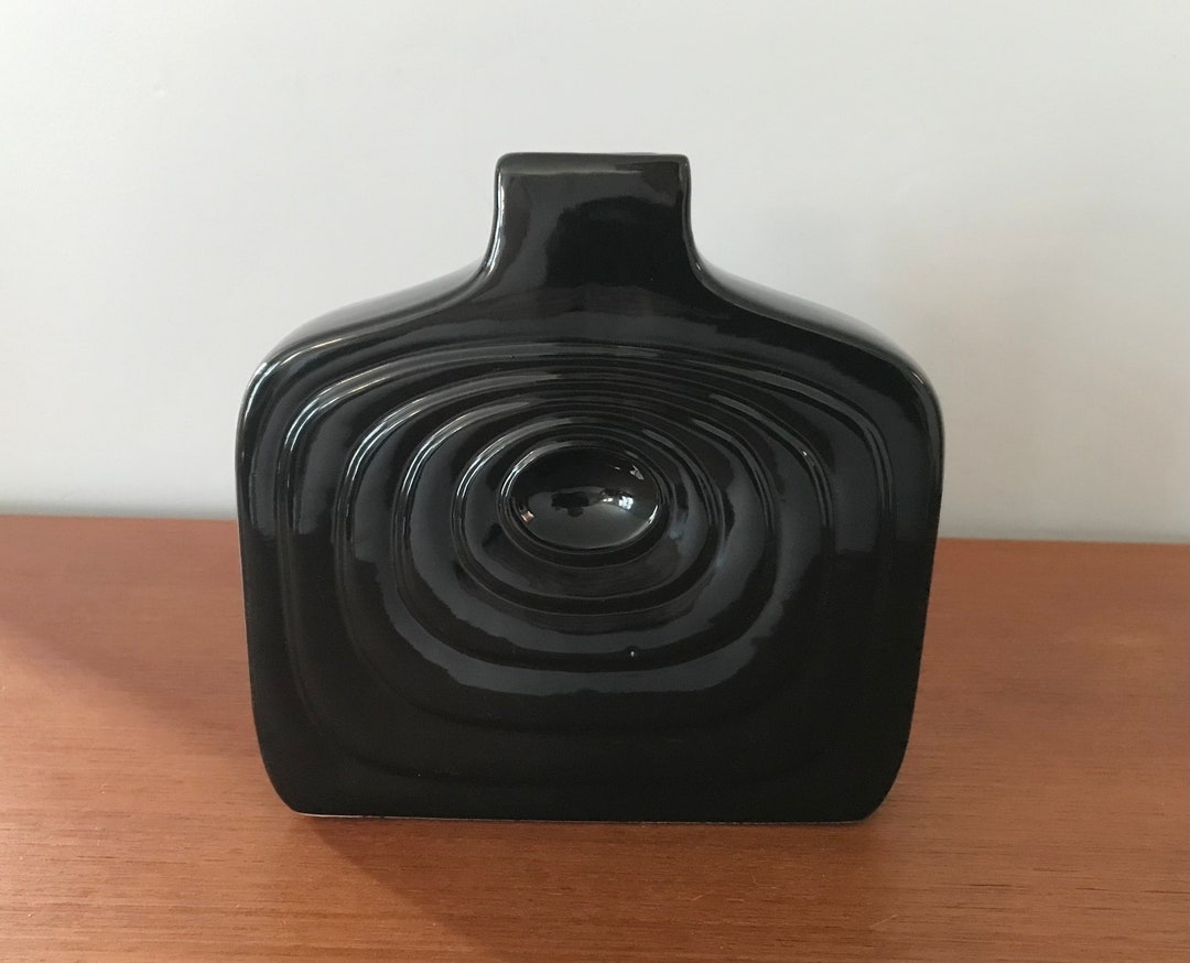 Vintage Black Glaze Pottery Vase, Flat Vase, Ripple Oval Design, Rubber ...