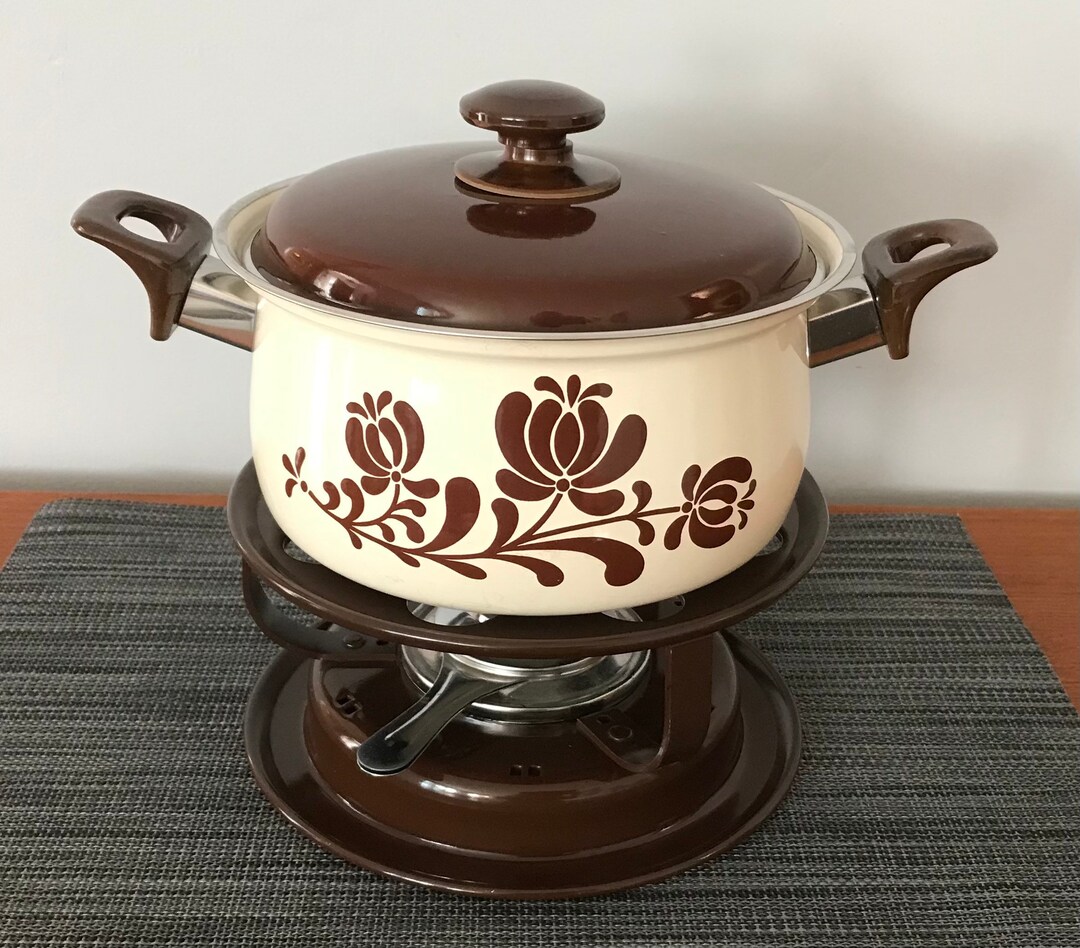 1970s Enamelware Cooking Pot With Warming Stand, Chocolate Brown and ...