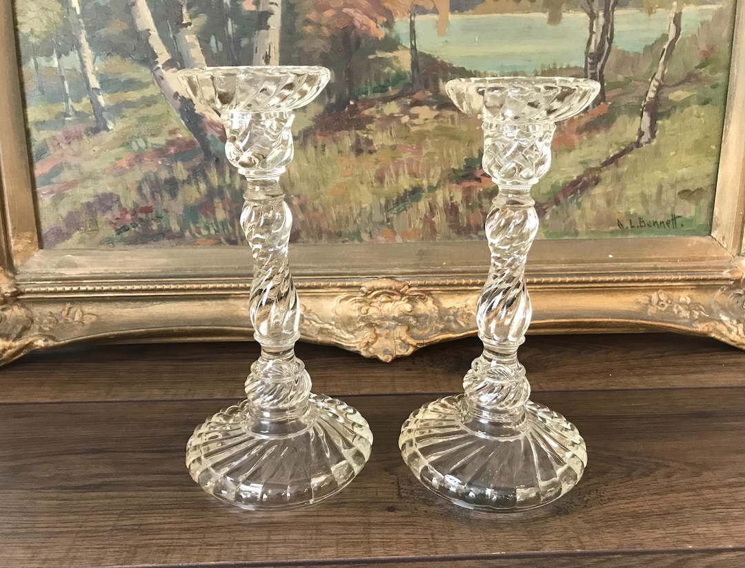 Art Deco Walther & Sohne Glass Candlesticks: 1930s German Swirl Design ...