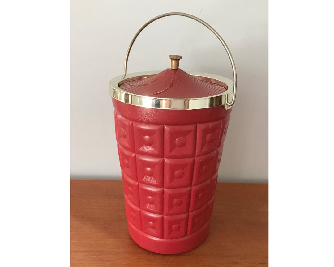 Vintage Lustro-ware Red Plastic Ice Bucket, 1960’s, Gold Rim & Handle ...
