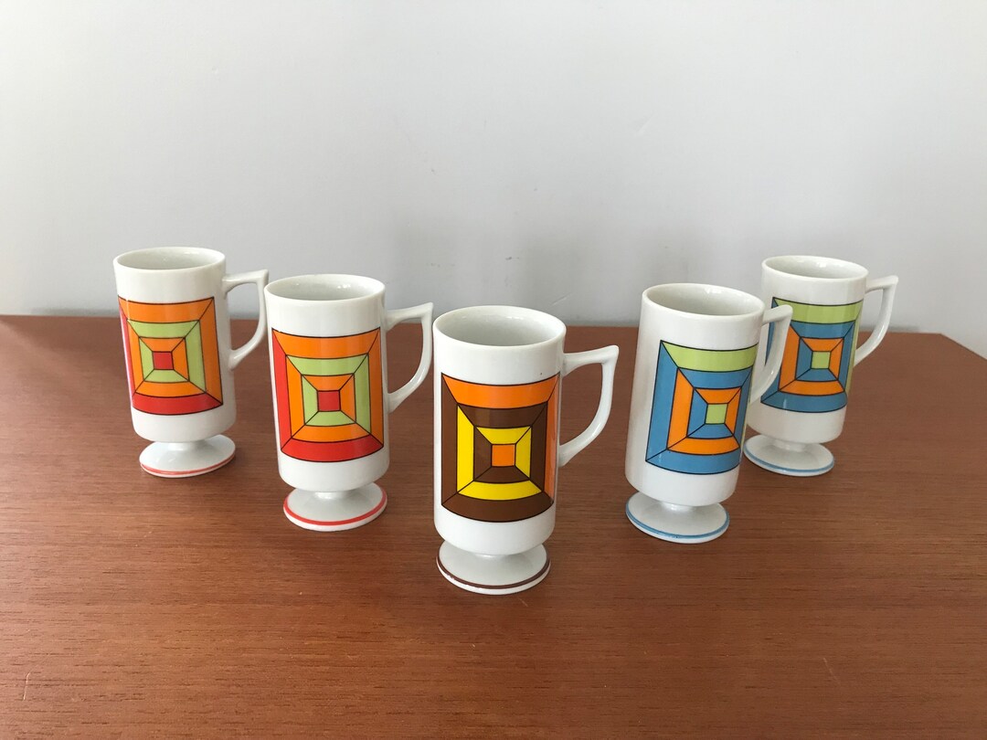 1960’s Mod Op Art Porcelain Pedestal Espresso Mugs, Set of 5, Hypnotic ...