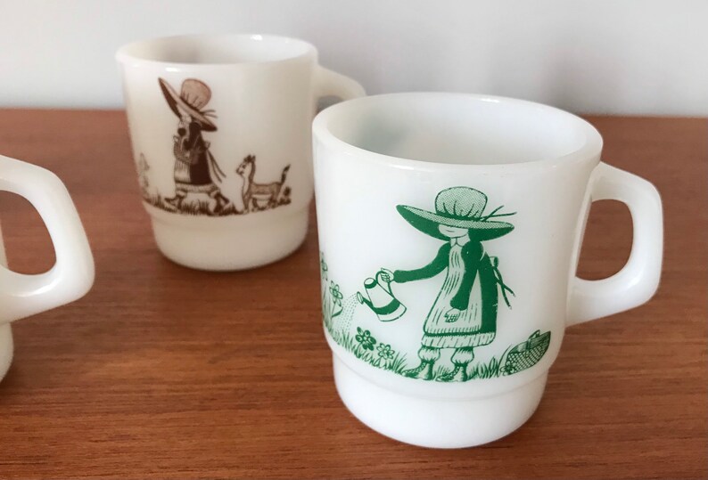 Vintage 1970s Holly Hobbie Stacking Milk Glass Mugs Sold Etsy