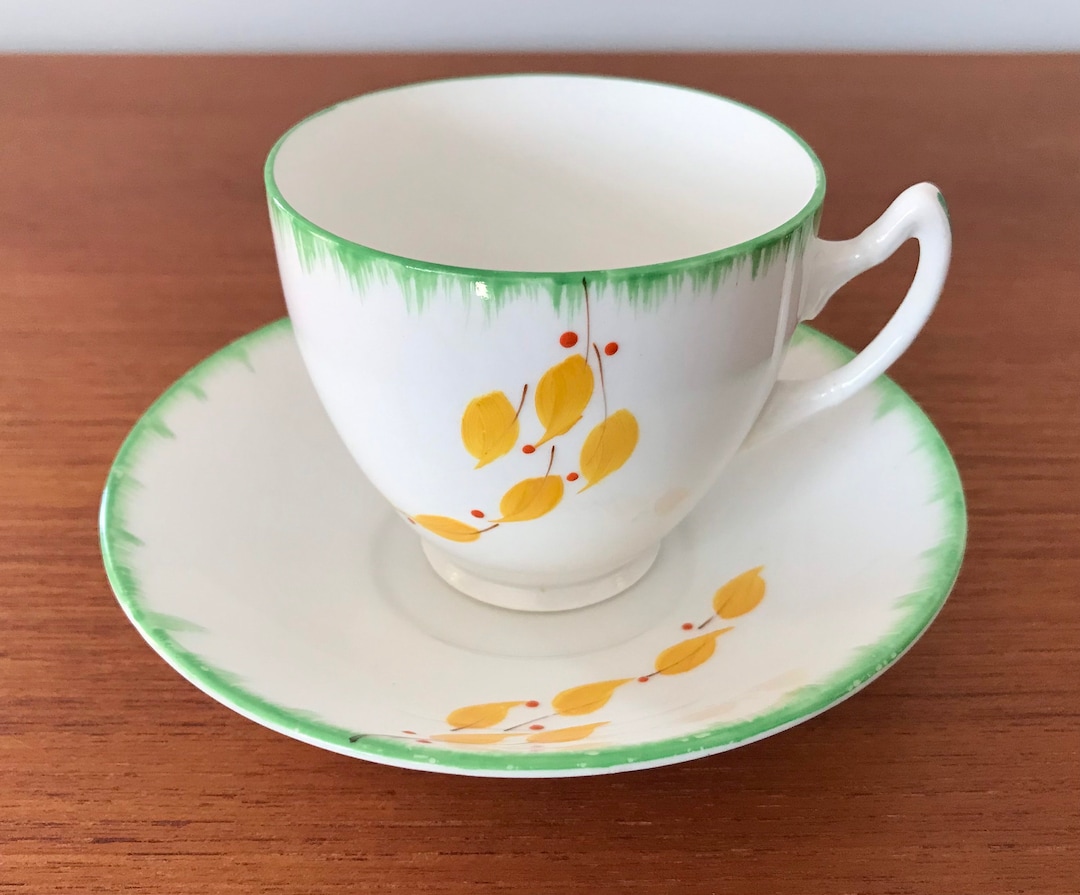 1930s Melba Bone China Cup & Saucer, Hand Painted Yellow Leaves, Red ...