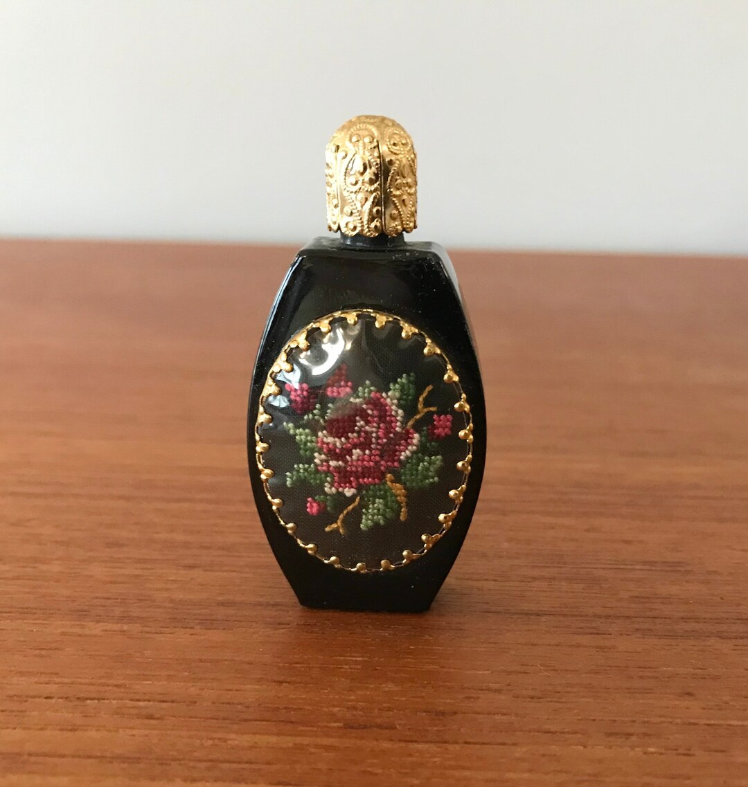 Vintage Austrian Petit Point Perfume Bottle: Black Glass, Gold Edging ...