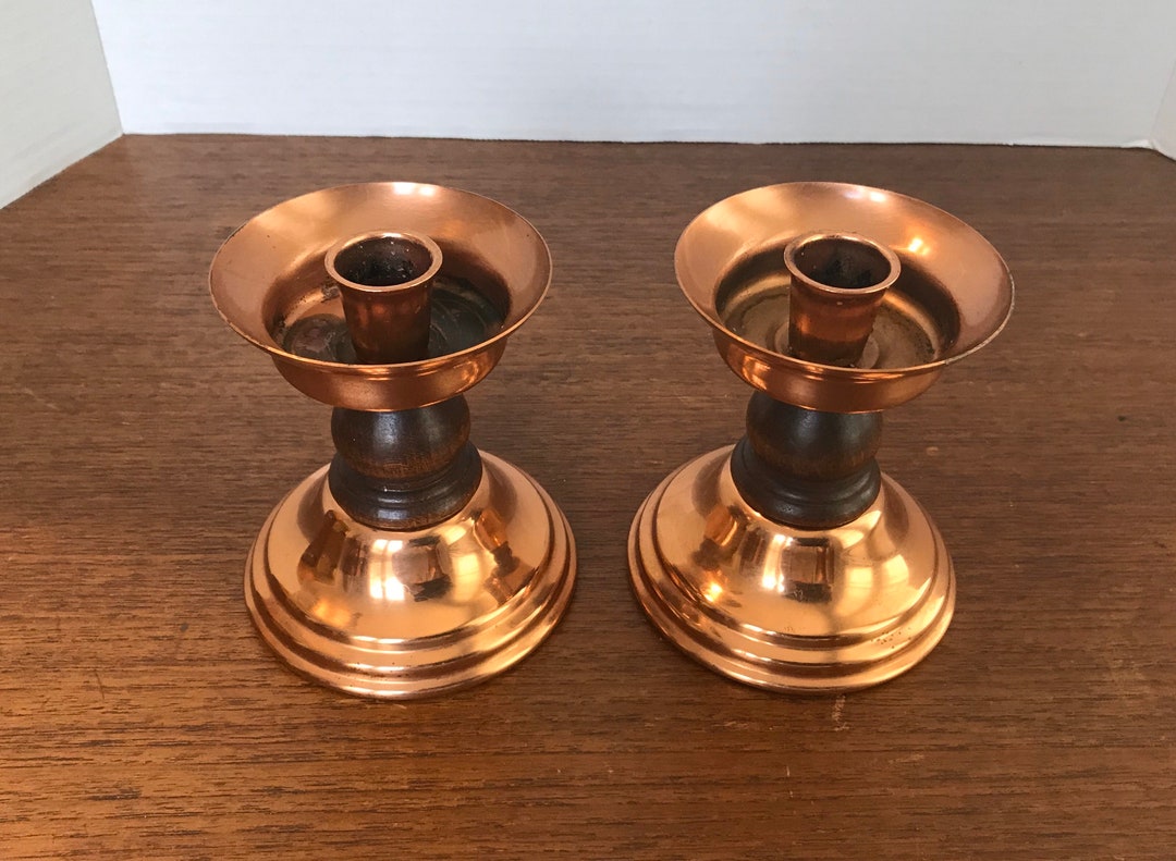 1960s Coppercraft Guild Pair of Cooper & Wood Candleholders, Vintage ...