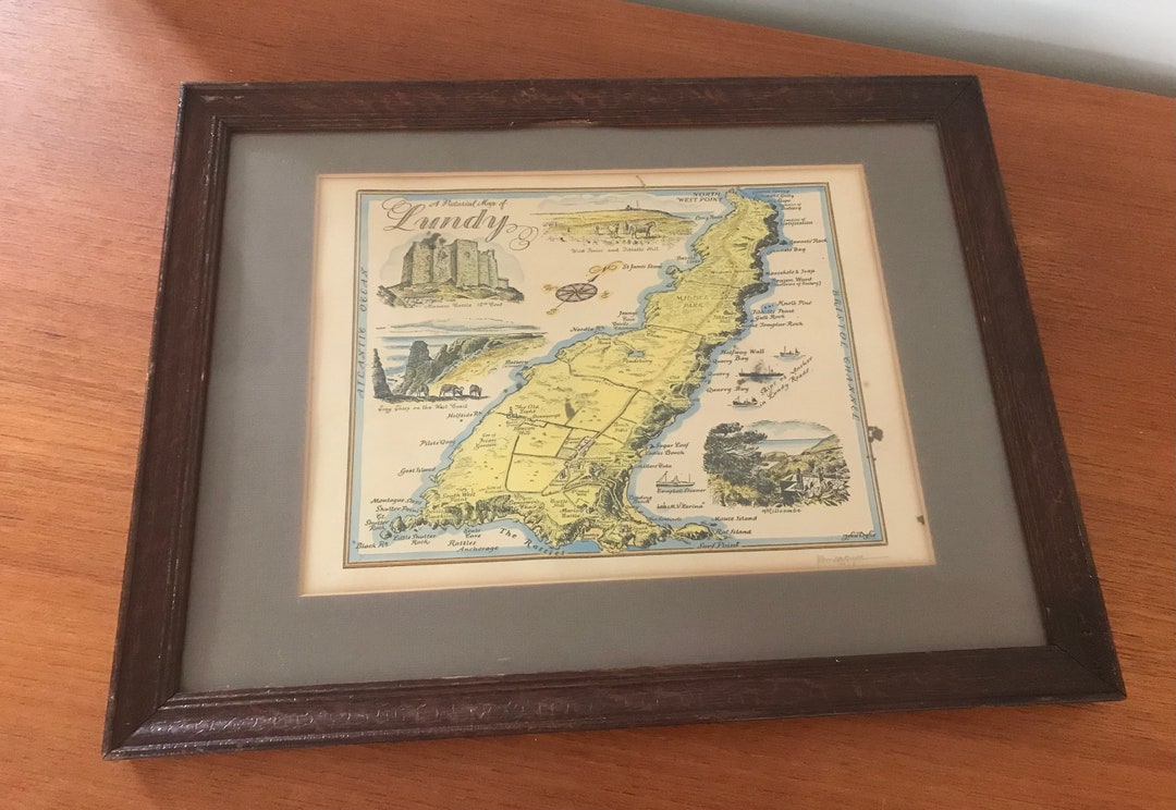 A Pictorial Map of Lundy Print With Hand Tinting by John Dyke, Oak ...
