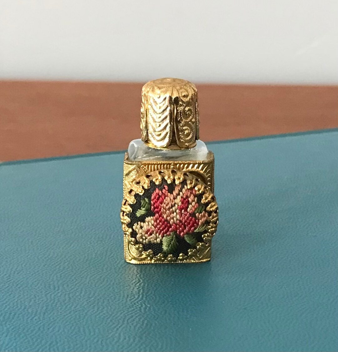 Vintage 1950’s Miniature Perfume, Floral Fabric Petit Point Design ...