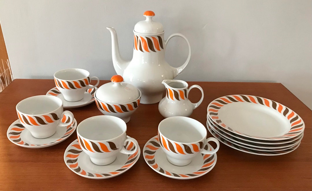 1970’s Kahla Orange Brown Striped Coffee Set, German Democratic Republic, Coffee Pot, Cream ...