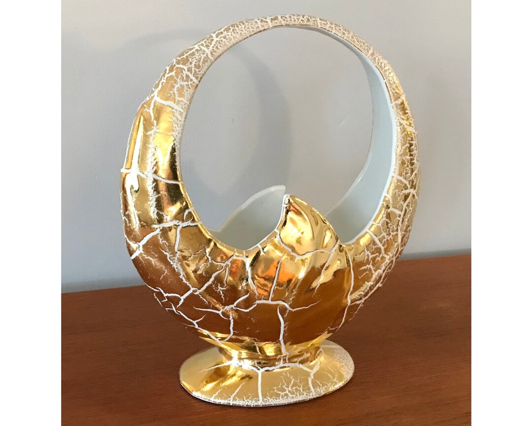 L Bertsch Canada 22K Gold Crackle Glaze Basket Vase, Vintage 1960s, L ...