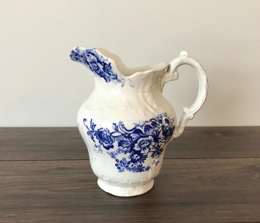 Antique Blue & White Ironstone Pitcher, Blue Floral Transferware ...