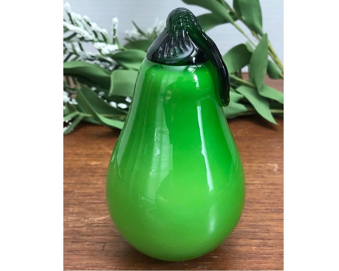 Blown Glass Green Pear, Green Fruit With Green Glass Leaf/stem, Murano ...