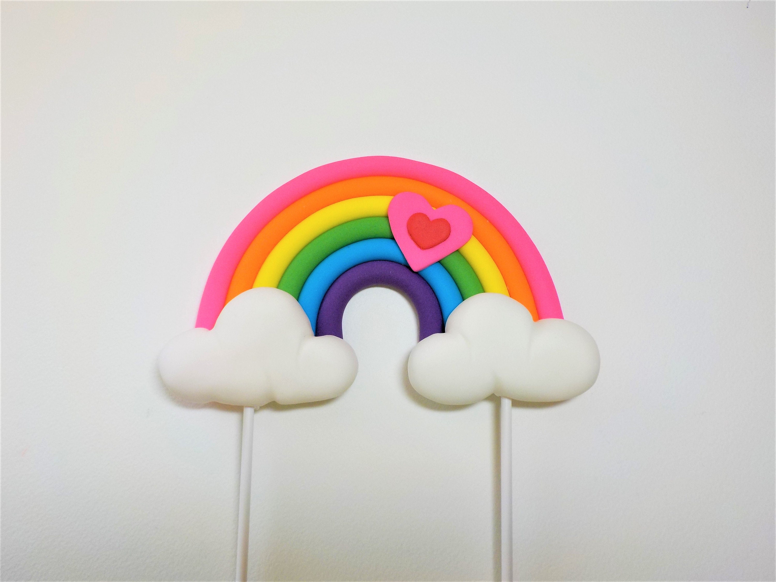Fondant Rainbow Cake Topper in Clouds With Heart 1st Birthday - Etsy