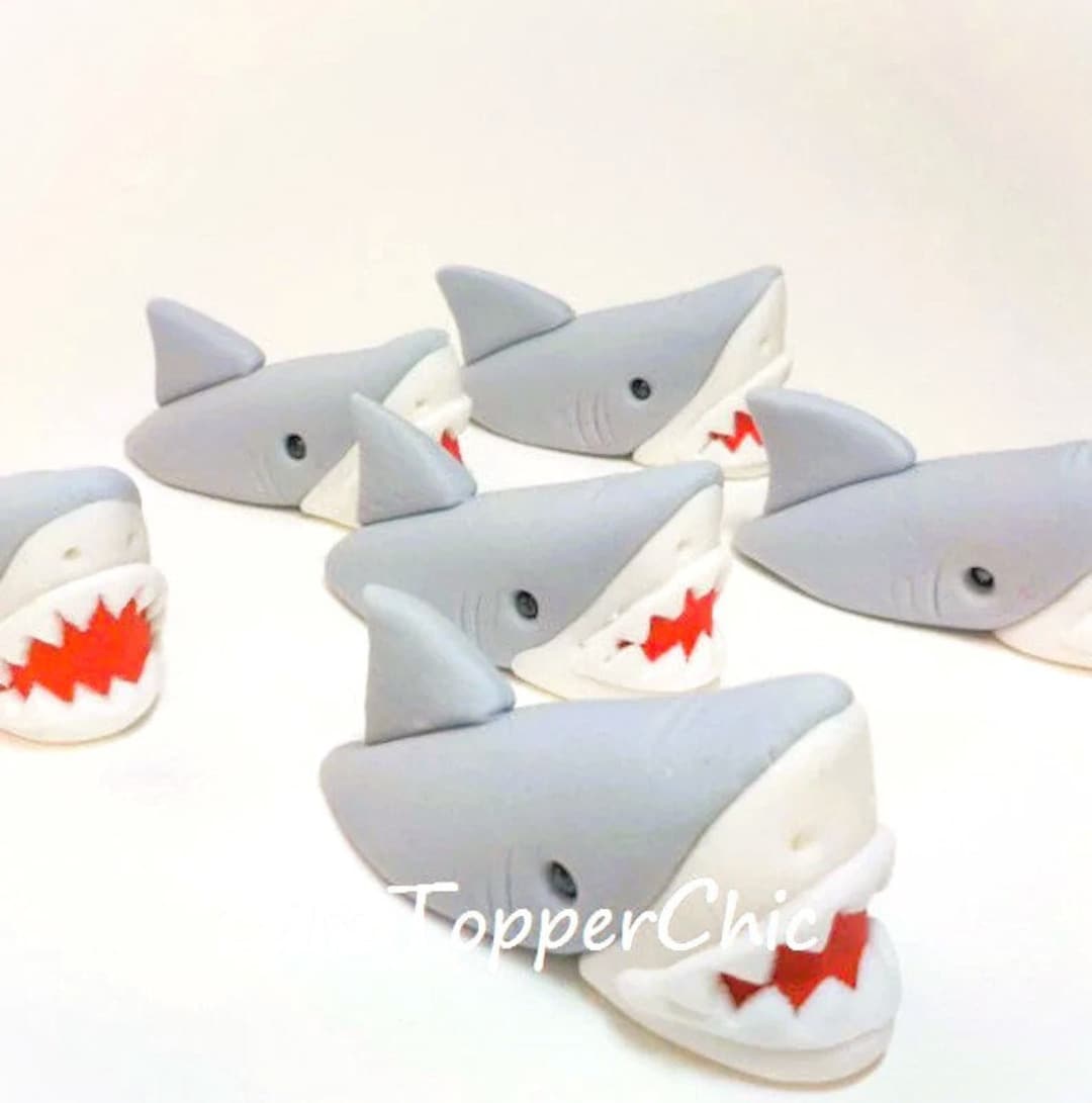 Fondant Shark Out of Water Cake Topper Qty 6 Great White Birthday Ocean ...